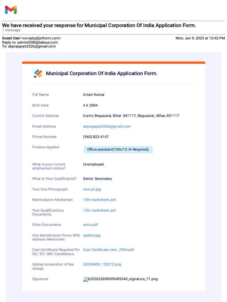 Municipal Corporation of India Application Form. | PDF