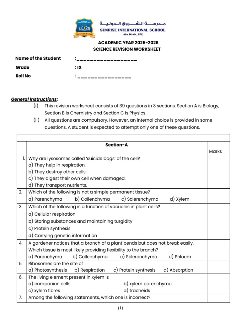 IX Grade Science Revision Worksheet 2025-26 | PDF | Mass | Force