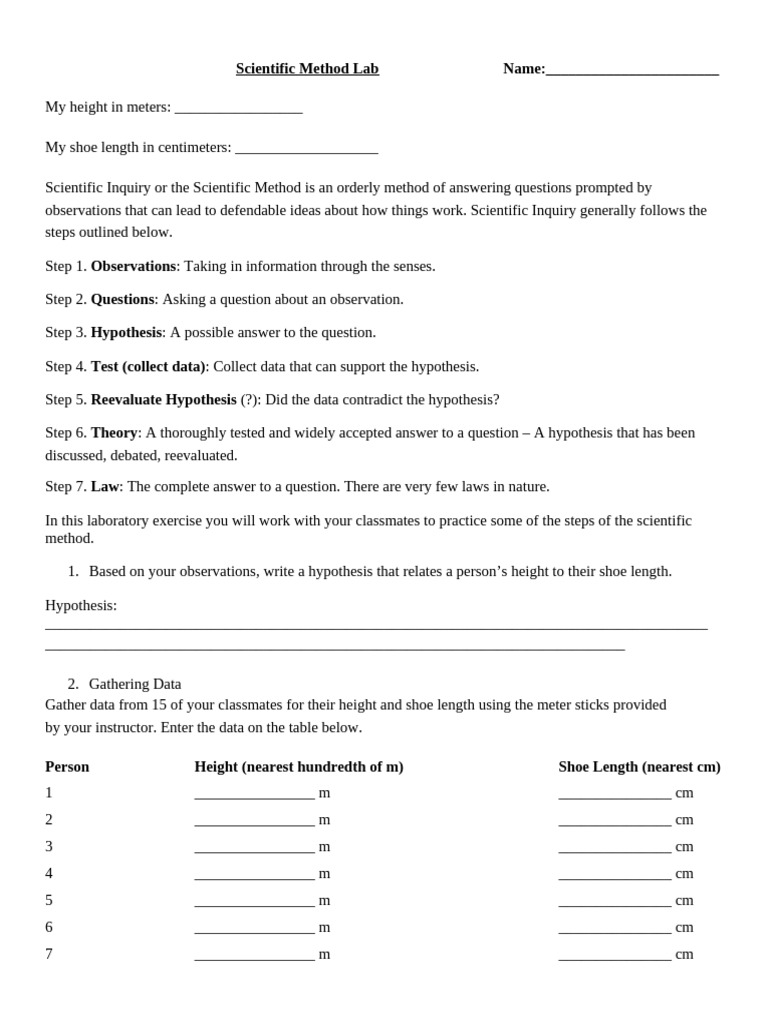 Scientific Method Lab: Height vs. Shoe Length | PDF | Scientific Method ...