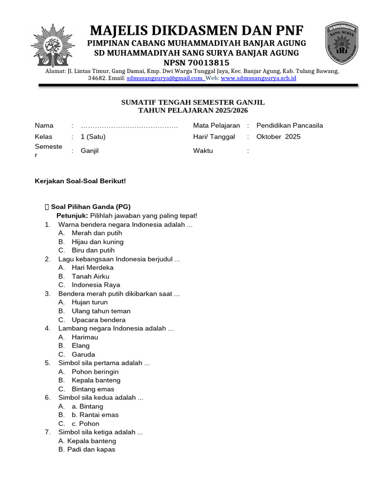 STS ganjil 2025 PP kelas 1 | PDF