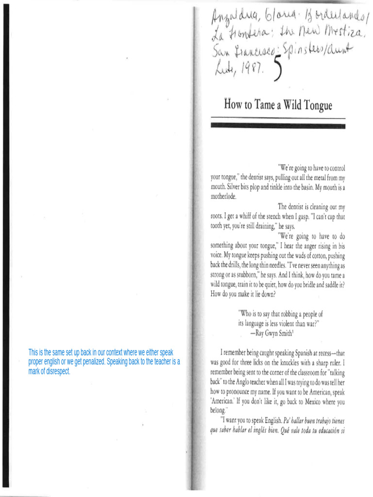 Anzaldua How To Tame A Wild Tongue Highlighted | PDF