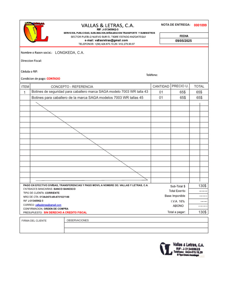 Nota de Entrega Botines Saga | PDF