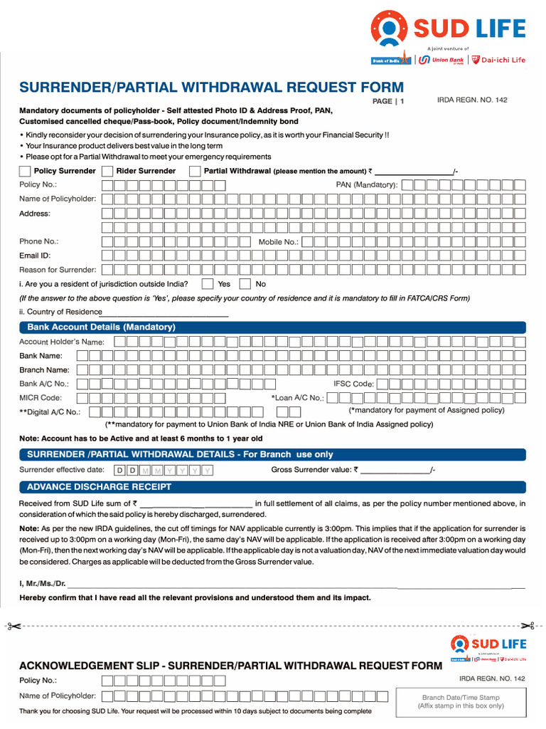 Surrender Partial - Withdrawal Request Form - Multilingual | PDF ...