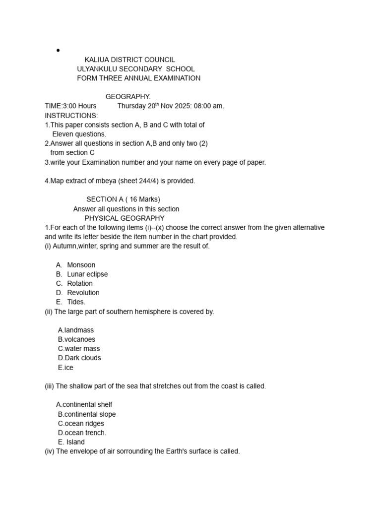 Form Three Geography Exam Paper 2025 | PDF | Weathering | Oceans