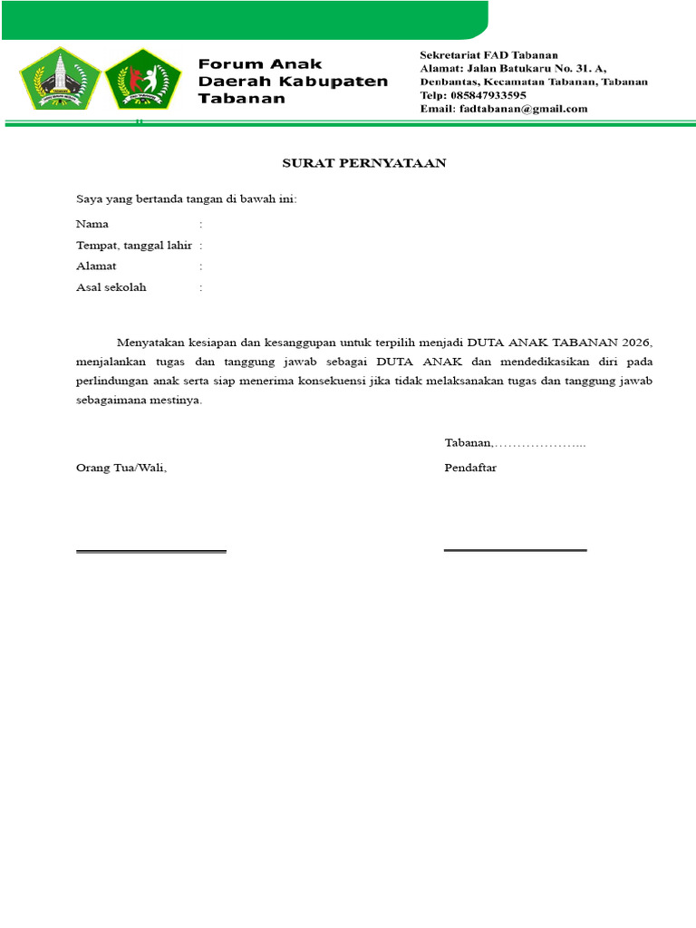 Surat Pernyataan Duta Anak Tabanan 2026 | PDF