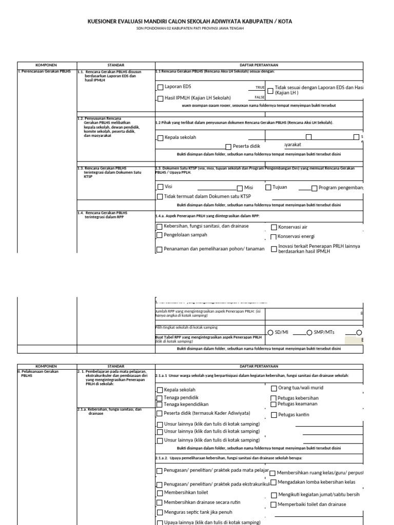 0.0 Kuesioner Adiwiyata Sdn Pondowan 02 2024 | PDF