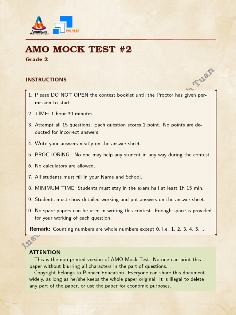 Grade 2 AMO Mock Test #2 | PDF | Length | Chicken