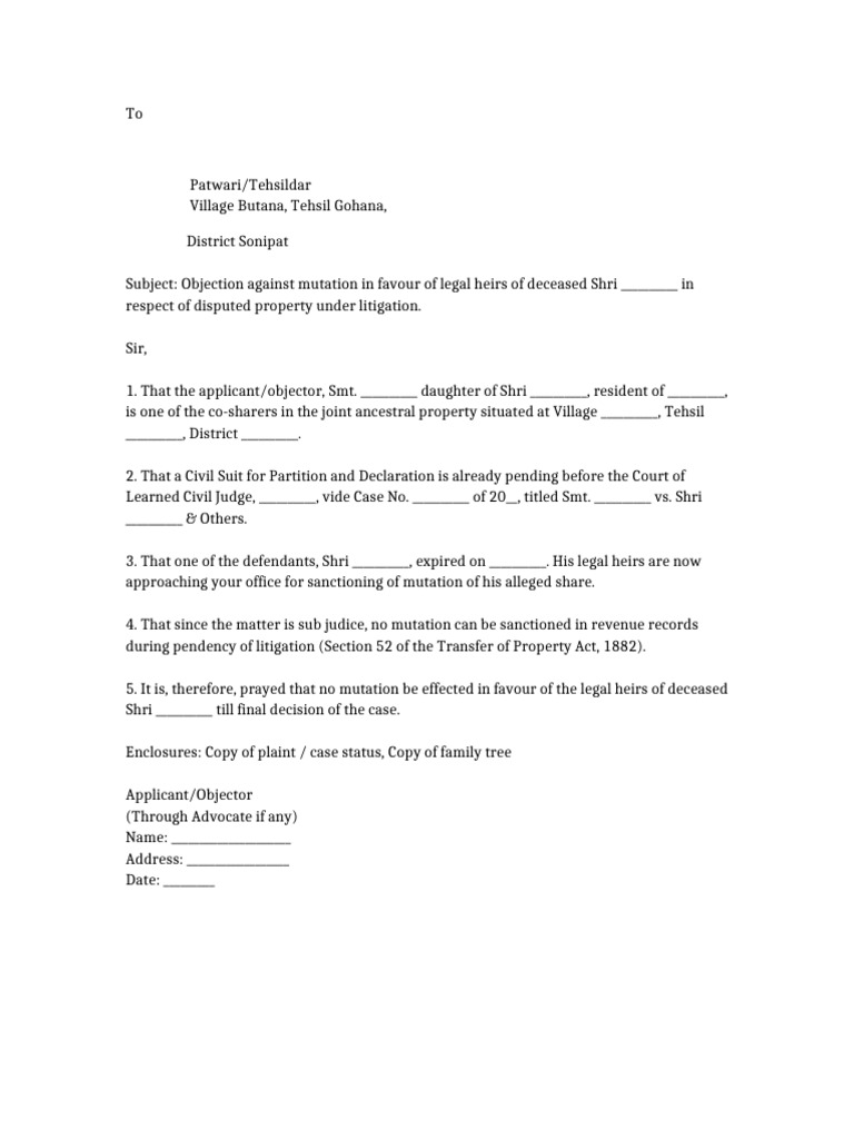 Objection Letter Patwari | PDF