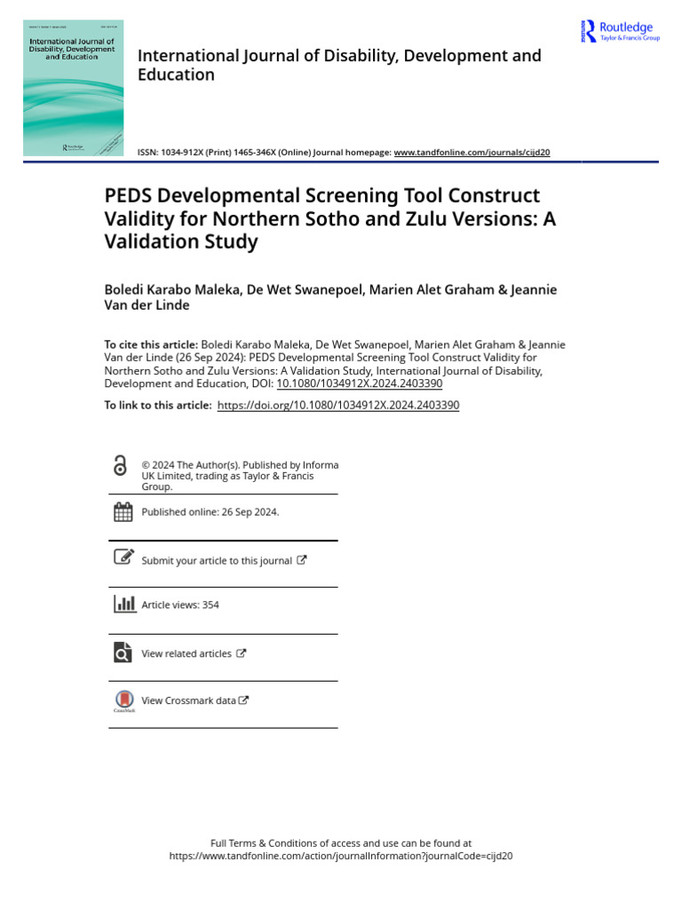 PEDS Developmental Screening Tool Construct Validity For Northern Sotho and Zulu Versions A ...