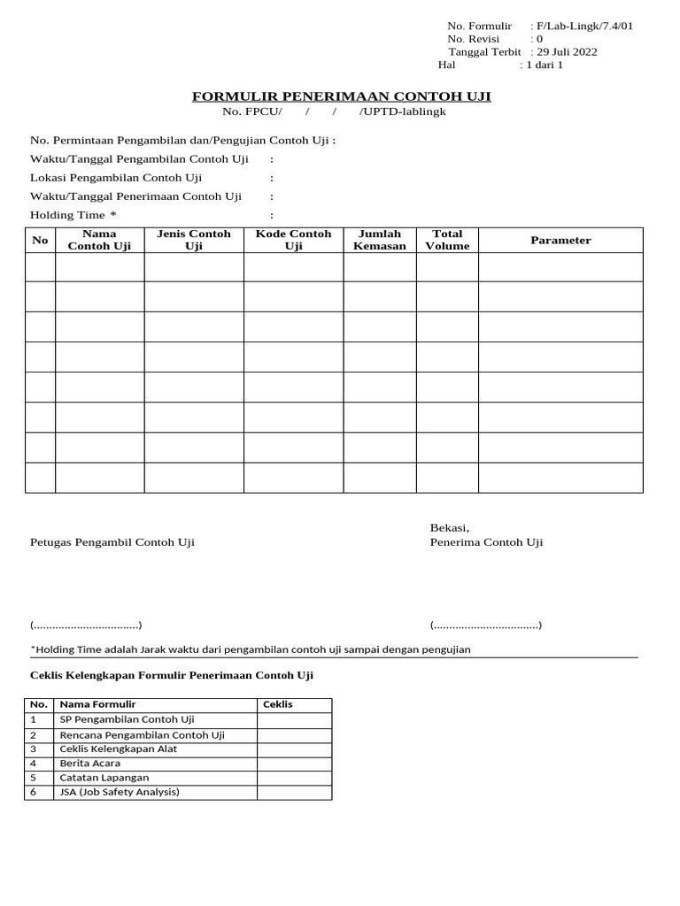 Formulir Penerimaan Contoh Uji Lab | PDF
