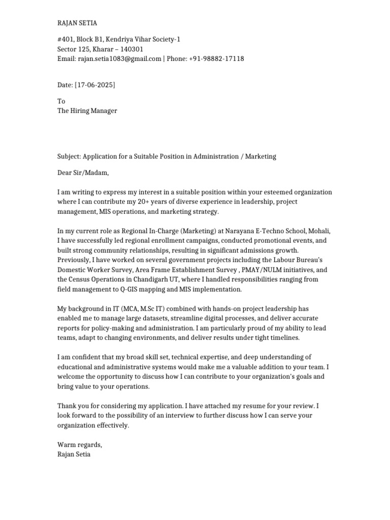 Rajan Setia Cover Letter | PDF