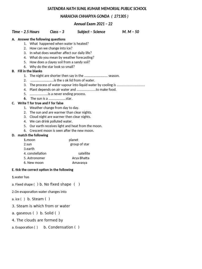Class 3 Science Exam Questions 2021-22 | PDF