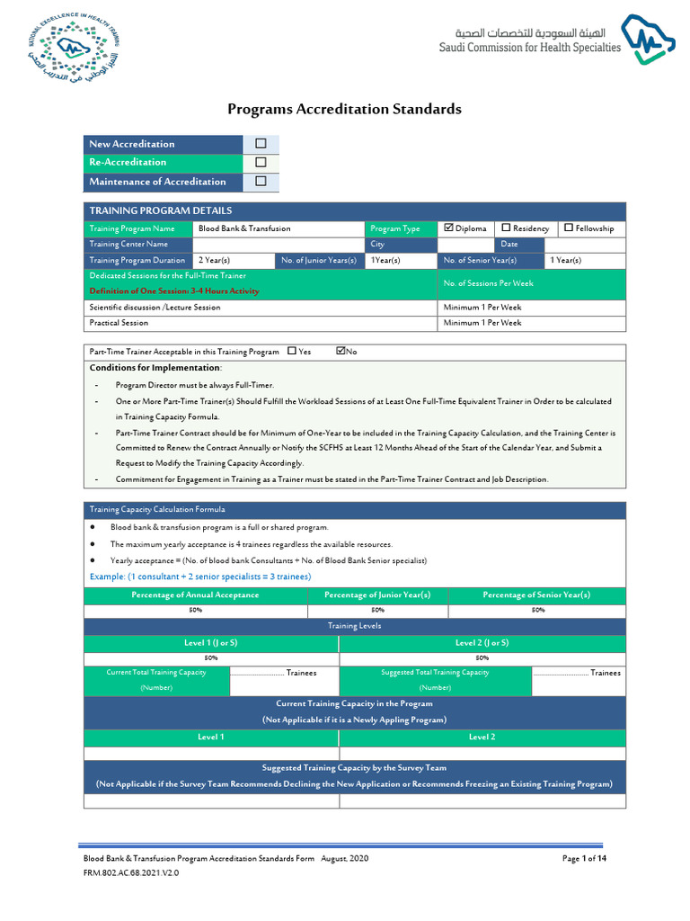 Blood Bank and Transfusion Program Accreditation Standards Form | PDF ...