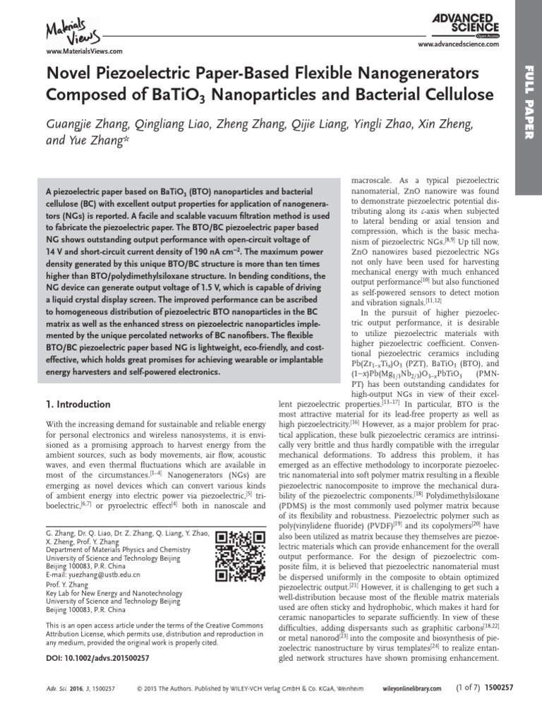 (2015) Novel Piezoelectric Paper-Based Flexible Nanogeners Composed of ...