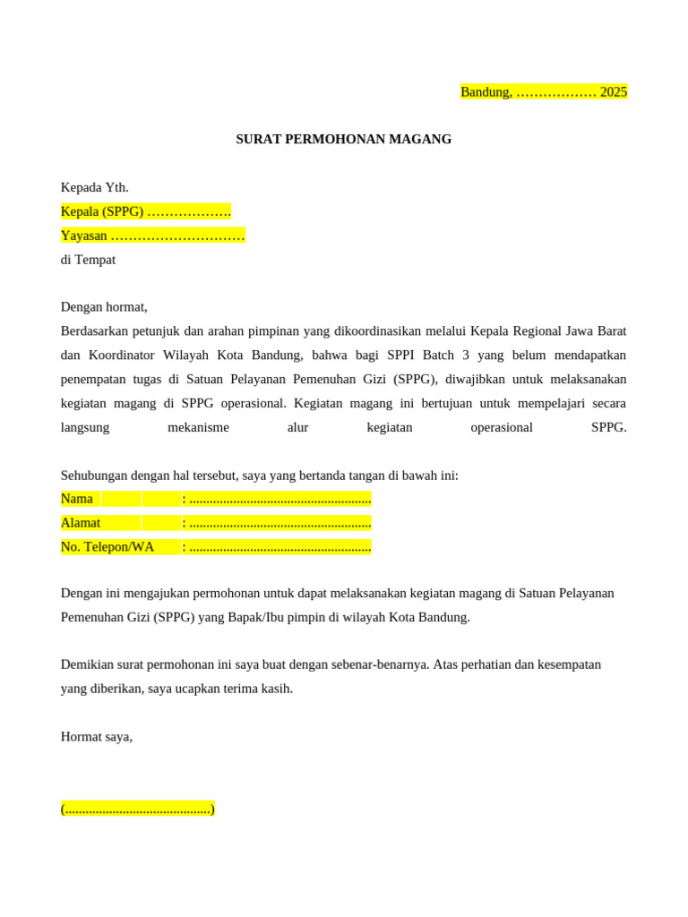 Permohonan Magang di SPPG Bandung | PDF