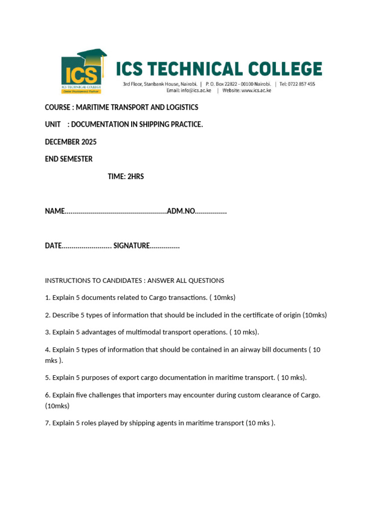 Documentations in Shipping Practice End Exam | PDF
