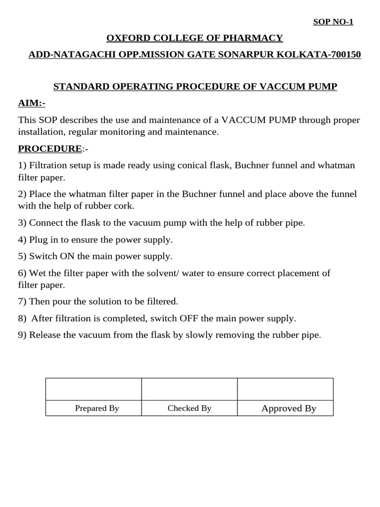 Sop of Vaccum Pump, Capsule Filling Machine and Water Testing Kit | PDF ...