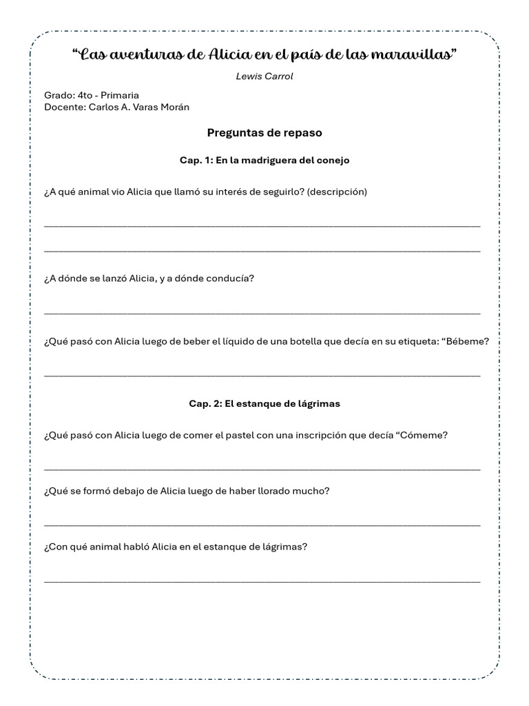 4to - Preguntas de Repaso - Plan Lector - Las Aventuras de Alicia en El ...