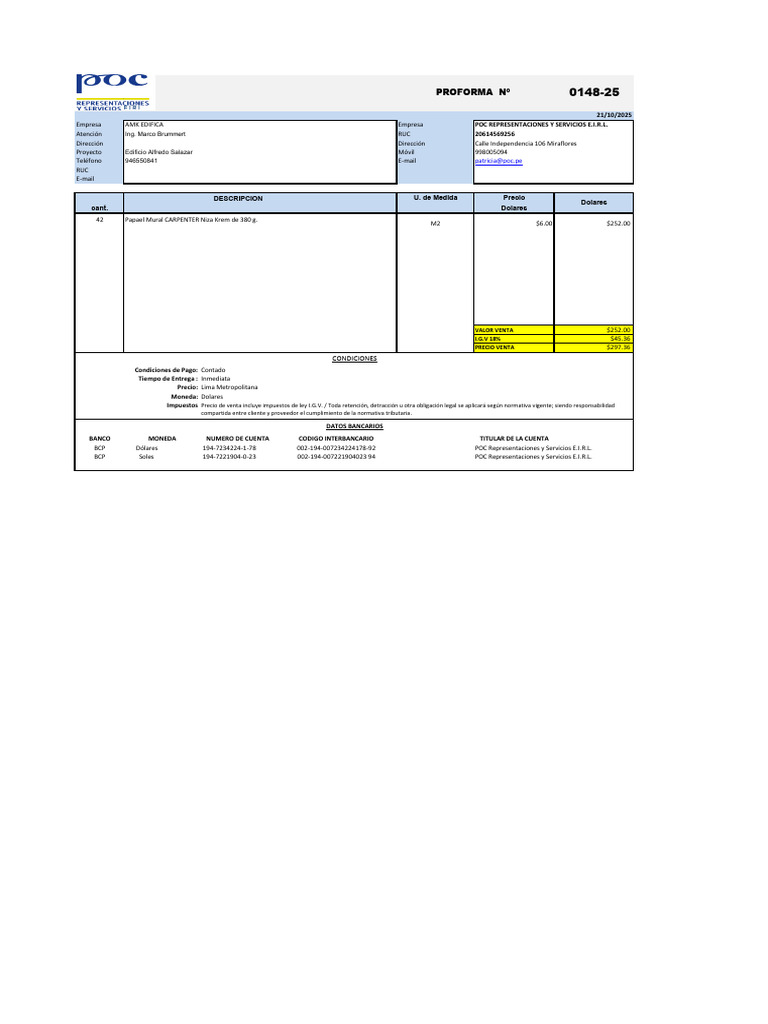 Proforma POC 0148-25-AMK Suministro de Papel Mural | PDF | Economias