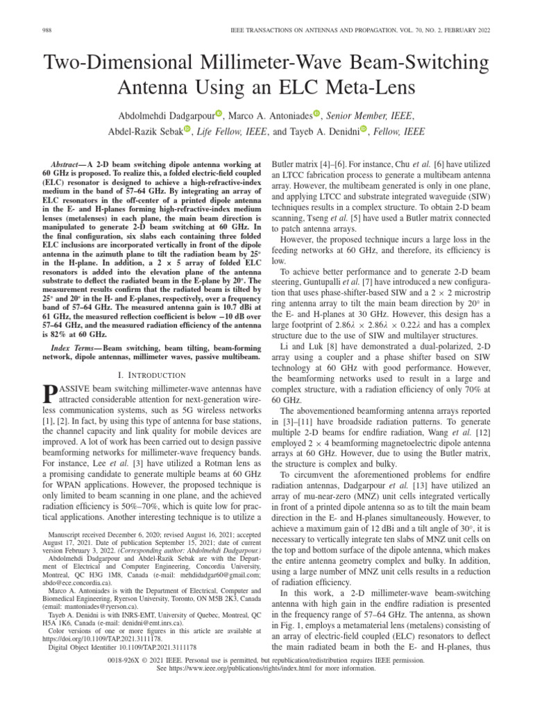 Two-Dimensional Millimeter-Wave Beam-Switching Antenna Using an ELC ...
