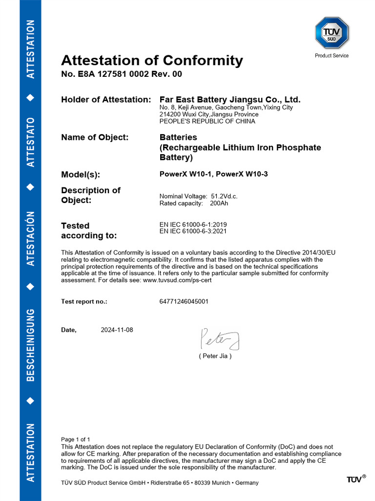 Attestation of Conformity: No. E8A 127581 0002 Rev. 00 Holder of ...