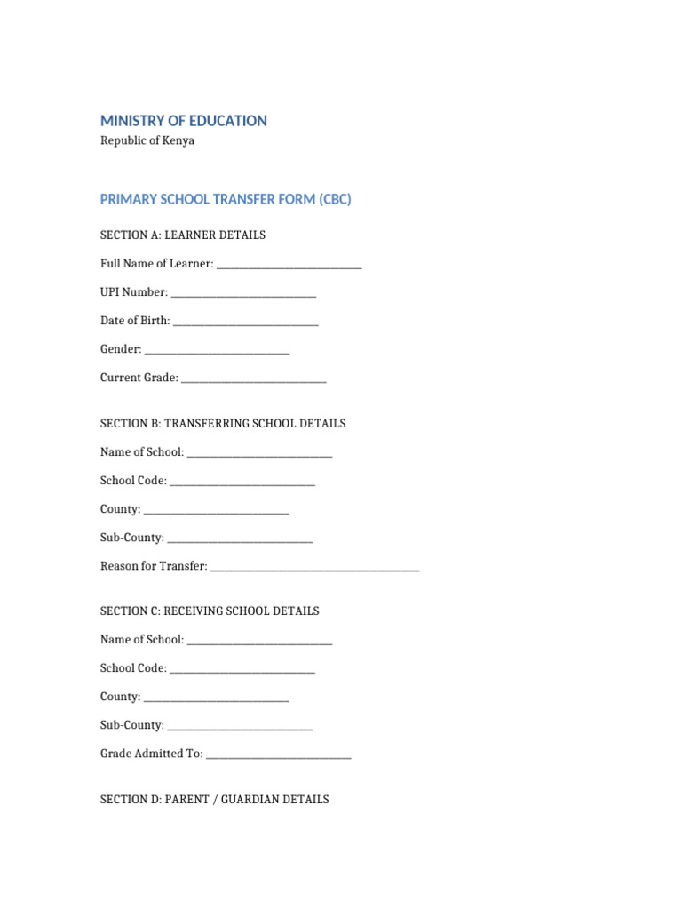 Kenya Primary School Transfer Form | PDF