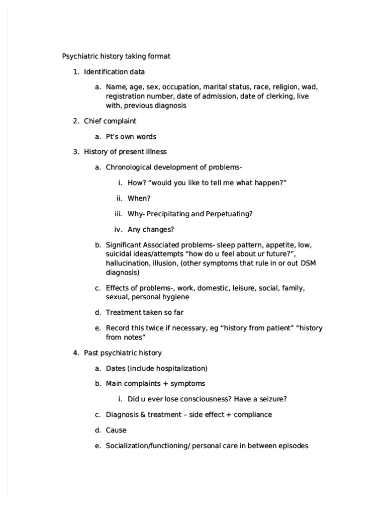 PDF Psychiatric History Taking Format Compress | PDF | Diseases And ...