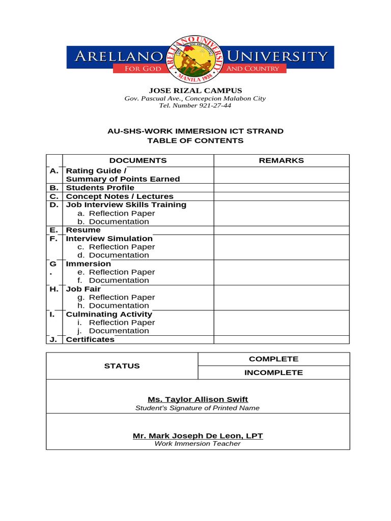 Ict Toc-Work Immersion | PDF