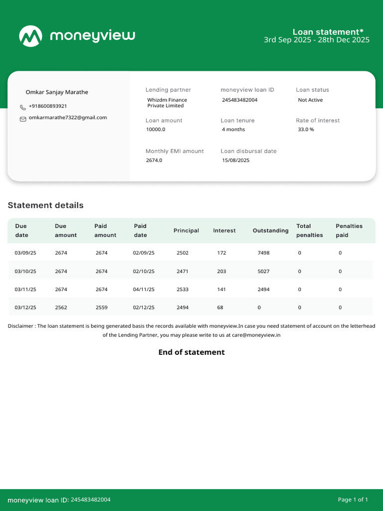 Loan Statement Summary for Omkar Marathe | PDF | Monetary Economics ...
