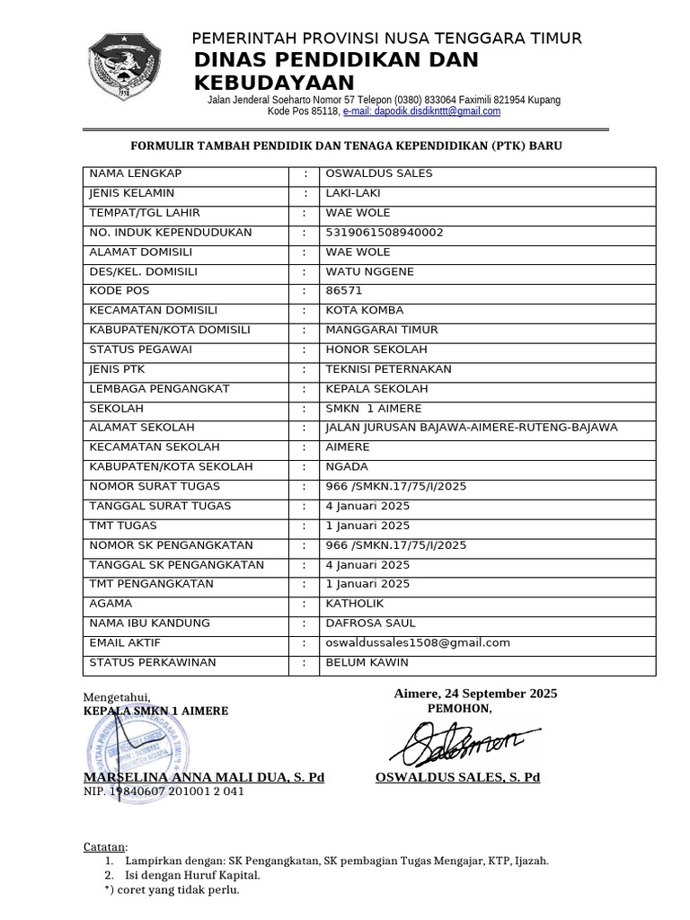 Formulir PTK Baru Oswaldus Sales | PDF