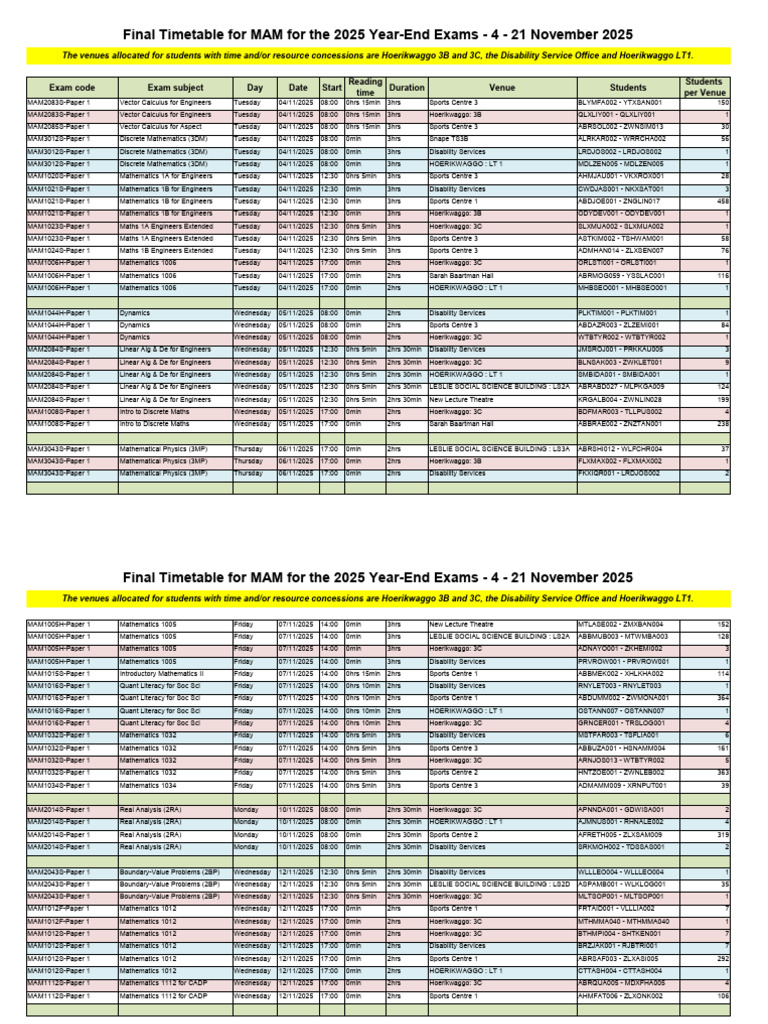 2025 Year-End Math Exam Timetable | PDF | Algebra | Mathematical Objects
