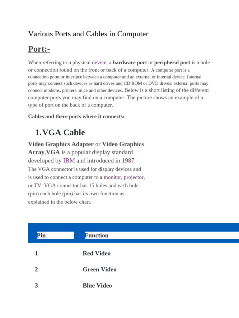 Various Ports and Cables in Computer | PDF | Usb | Hdmi