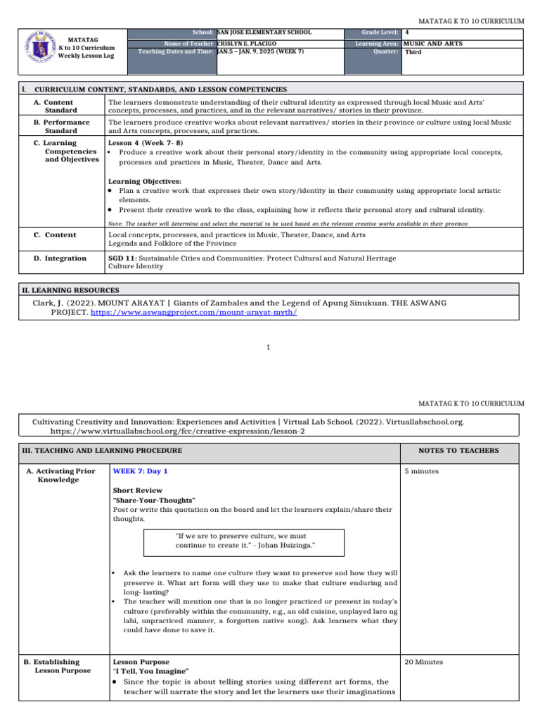 DLL Matatag - Music & Arts 4 q3 w7-8 | PDF | Teachers | Curriculum