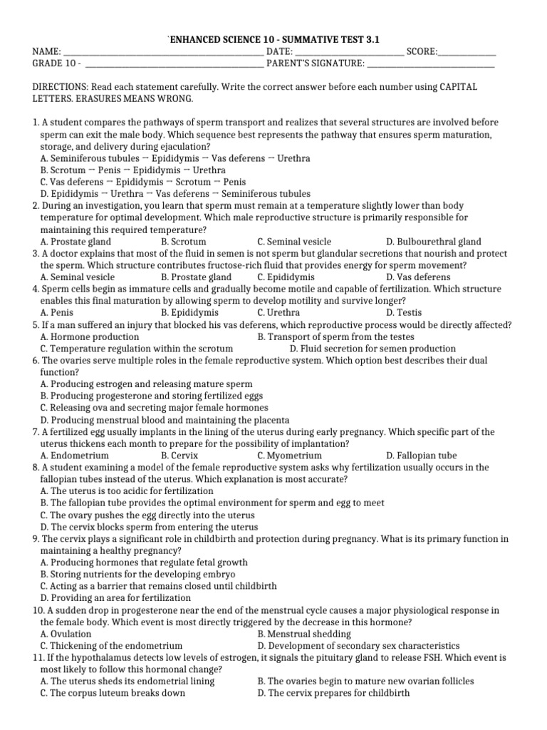 Grade 10 Enhanced Science Test: Reproductive Systems | PDF | Menstrual ...