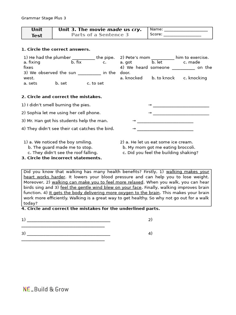 Grammar Stage Plus 3 Unit Test | PDF