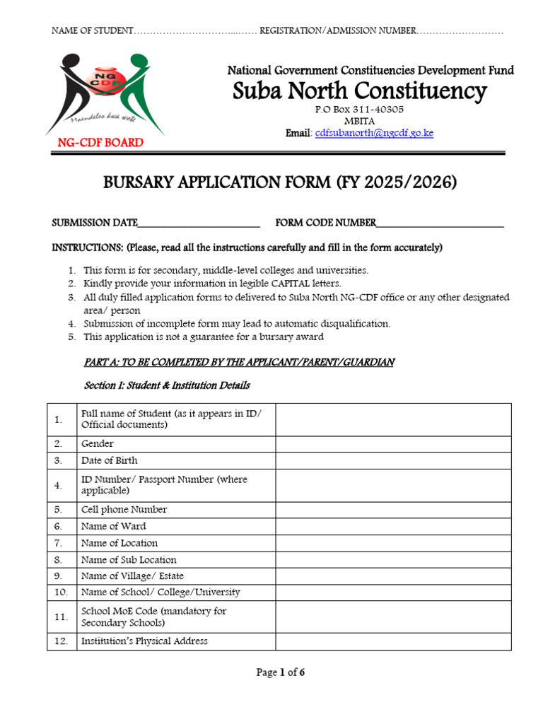 Suba North NG-CDF 2024-2025 Bursary Application Form | PDF