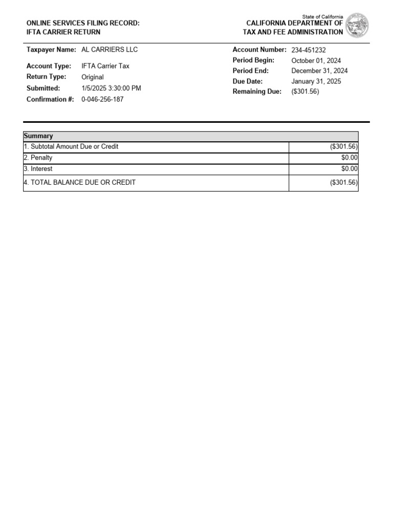 IFTA Carrier Tax Filing Summary | PDF