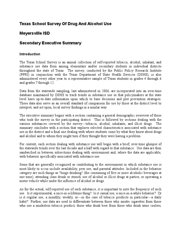 Texas School Drug Use Survey Summary | PDF | Alcoholic Drinks ...