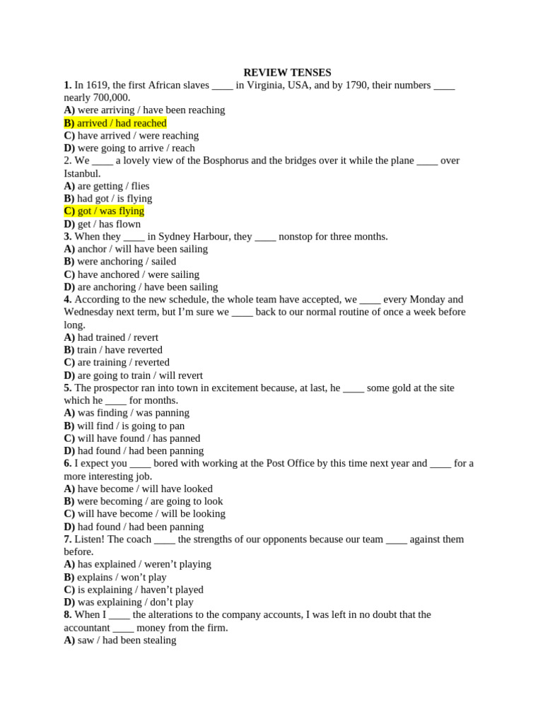 Review of English Tenses Exercises | PDF