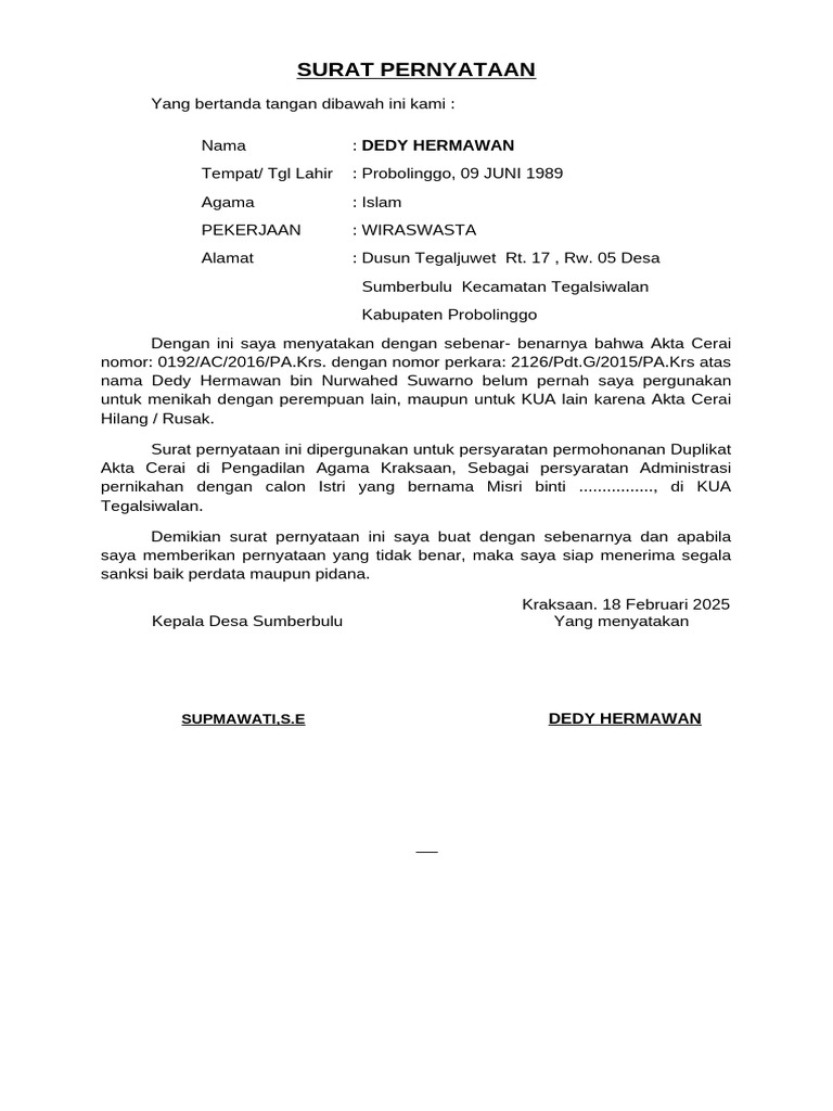 Surat Pernyataan Akta Cerai Dedy Hermawan | PDF