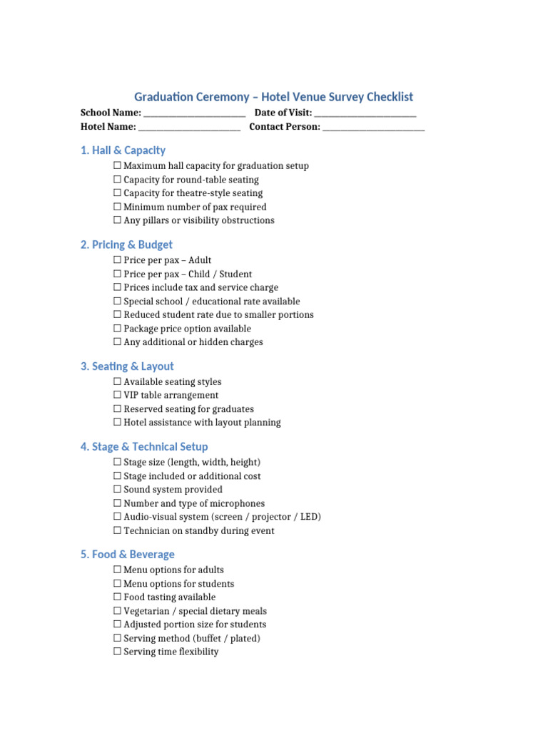 Graduation Ceremony Hotel Venue Survey Checklist | PDF