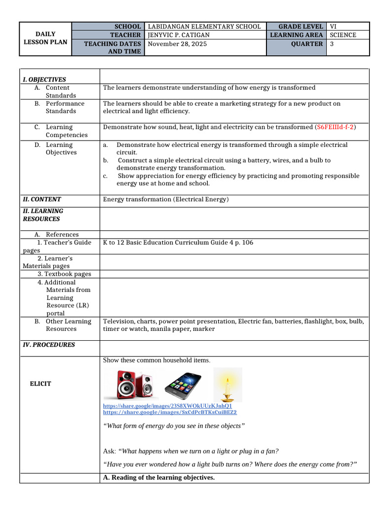 Grade VI Science Lesson on Energy Transformation | PDF | Flashlight ...