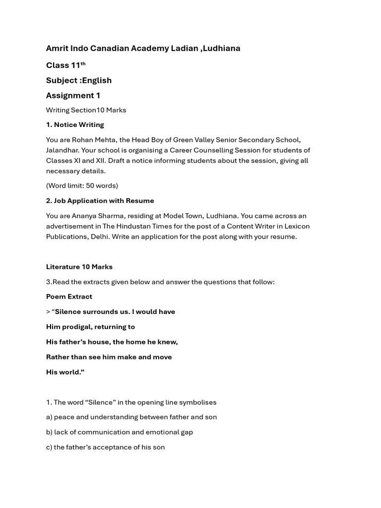 Class 11 English Assignment Guide | PDF