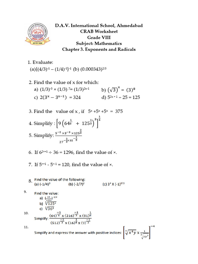 Grade VIII Math: Exponents & Radicals Worksheet | PDF