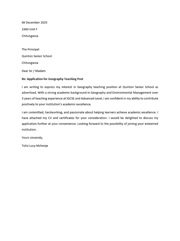 Geography Teacher Application Letter | PDF
