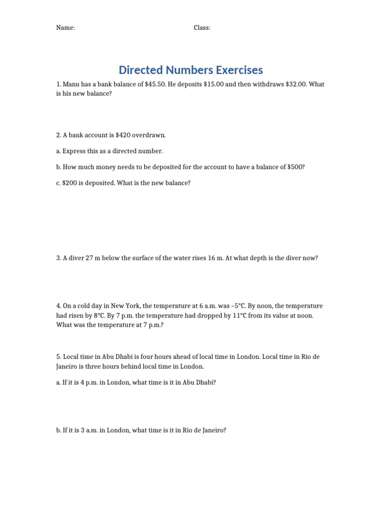 Directed Numbers Exercises | PDF