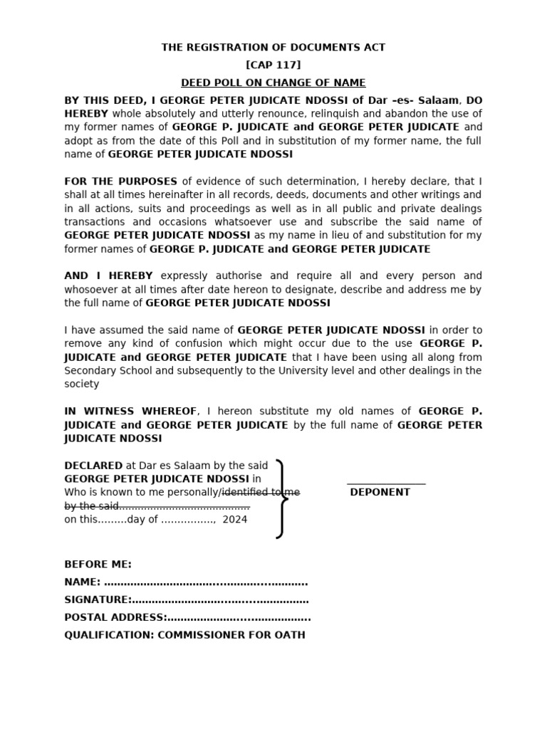 Deed Poll for Name Change: George Ndossi | PDF