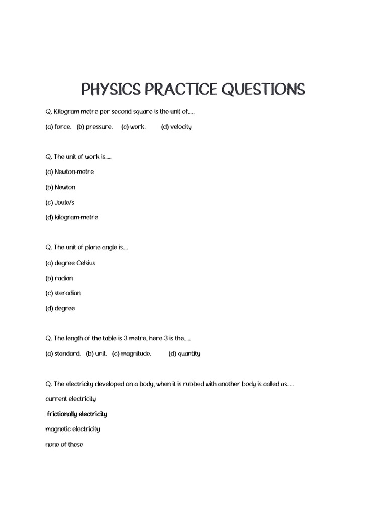 Physics Practice Questions | PDF | Electricity | Voltage