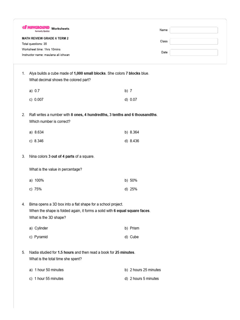 Grade 6 Math Review Worksheets | PDF | Area | Circle
