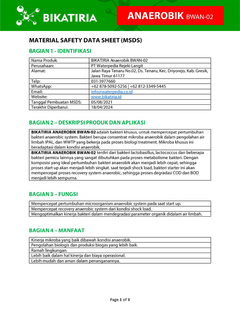 Material Safety Data Sheet (Msds) Anaerobik Bwan-02 | PDF
